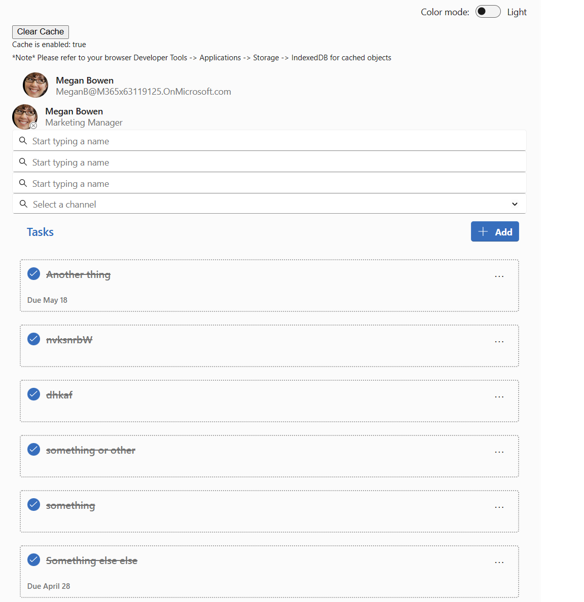 [MGTP-Components-Sample-General-Cache]: ‘Megan Bowen’ and ‘Email ID’ information texts under ...