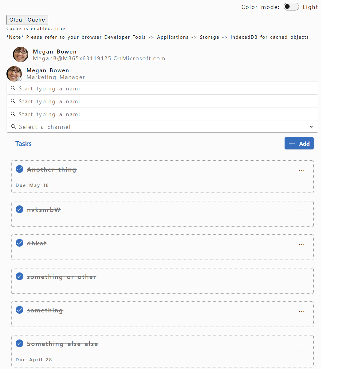 [MGTP-Components-Sample-General-Cache]: ‘Megan Bowen’ and ‘Email ID’ information texts under ...