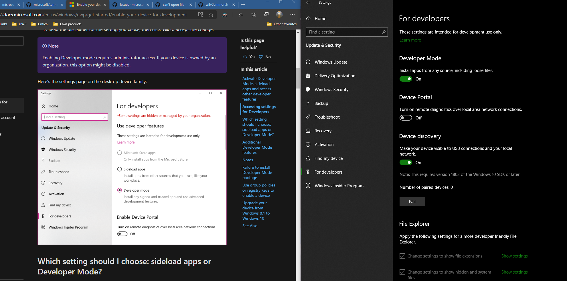 Screenshots out of date for developer settings page · Issue #2276 · MicrosoftDocs/windows-dev ...