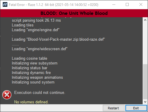 [BUG] [Blood] `No volumes defined` error with voxel pack · Issue #469 · ZDoom/Raze · GitHub