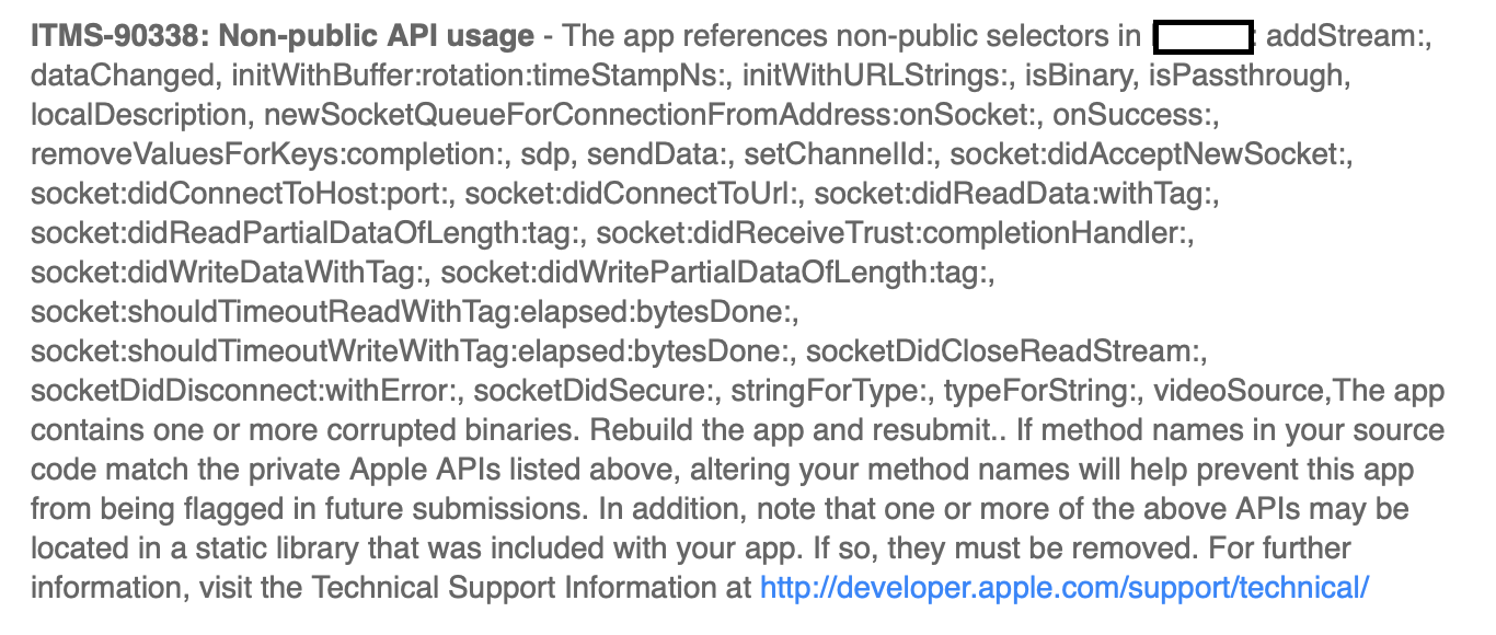 ITMS-90338: Non-public API usage · Issue #1129 · react-native-webrtc/react-native-webrtc · GitHub
