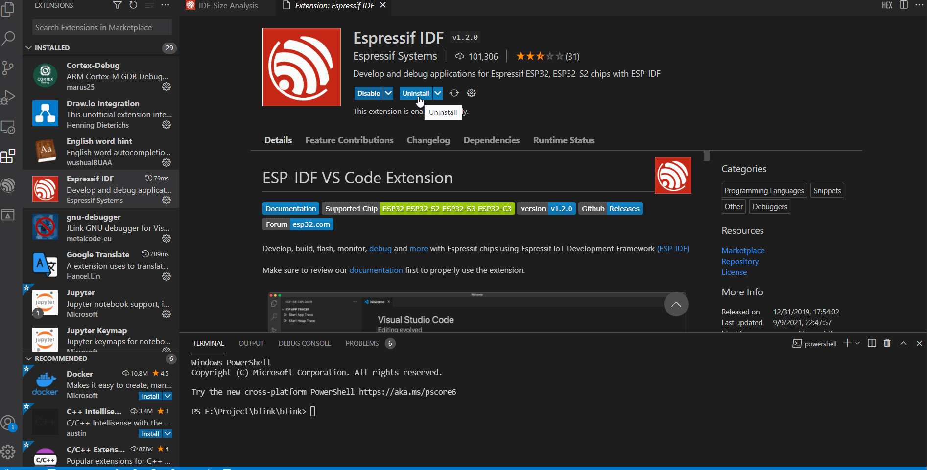 [Bug Report]: ESP-IDF: size analysis of binaries command invalid (VSC ...