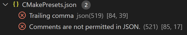 The extension erroneously accepts trailing commas and comments for CMakePresets.json · Issue ...