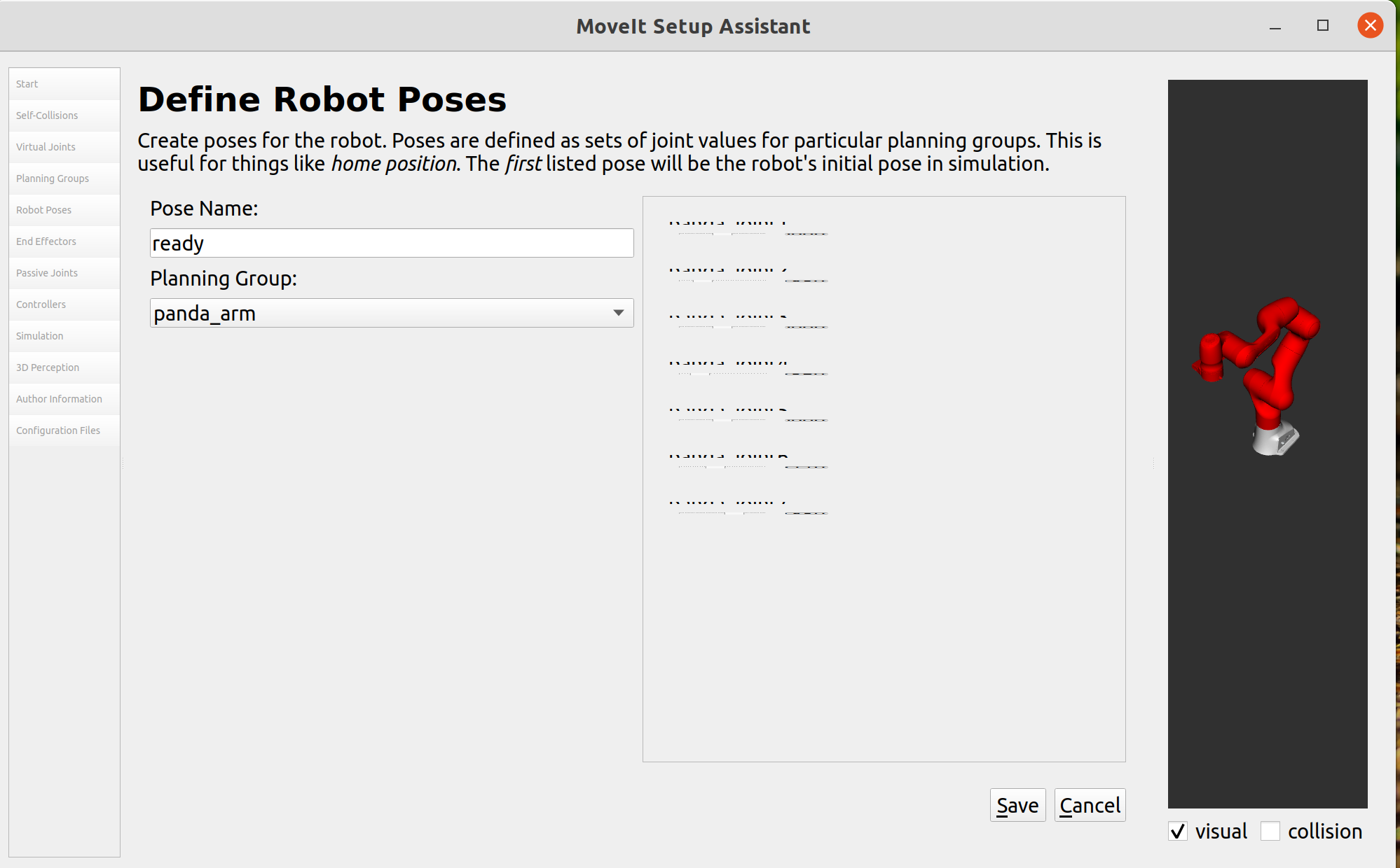 The issue of moveit_setup_assistant gui in defining the robot pose- joint label, joint value and ...