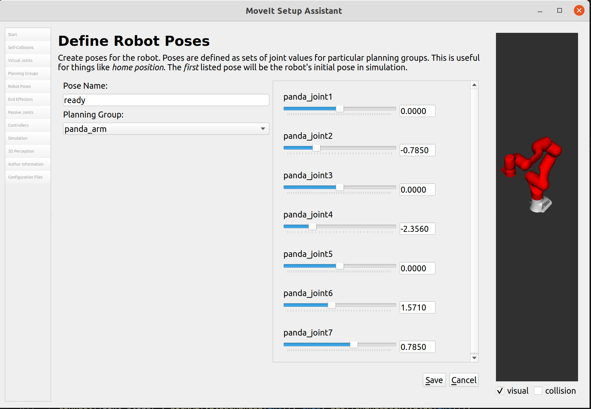 The issue of moveit_setup_assistant gui in defining the robot pose- joint label, joint value and ...