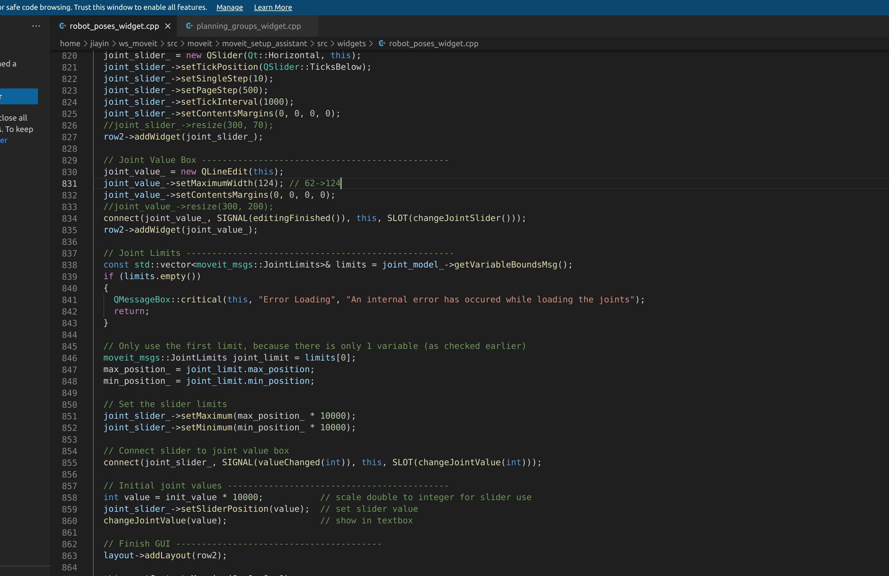 The issue of moveit_setup_assistant gui in defining the robot pose- joint label, joint value and ...