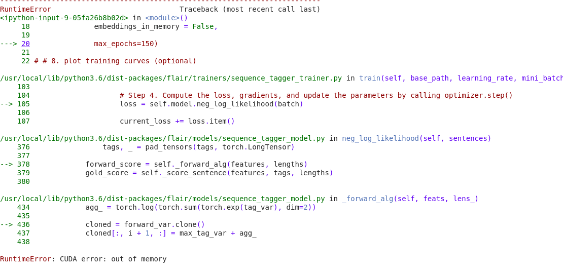 RuntimeError: CUDA error: out of memory · Issue #248 · flairNLP/flair · GitHub
