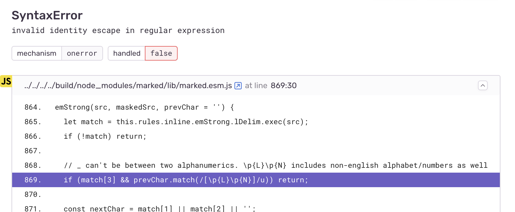 Fails with a regular expression error in older browsers · Issue #2430 · markedjs/marked · GitHub
