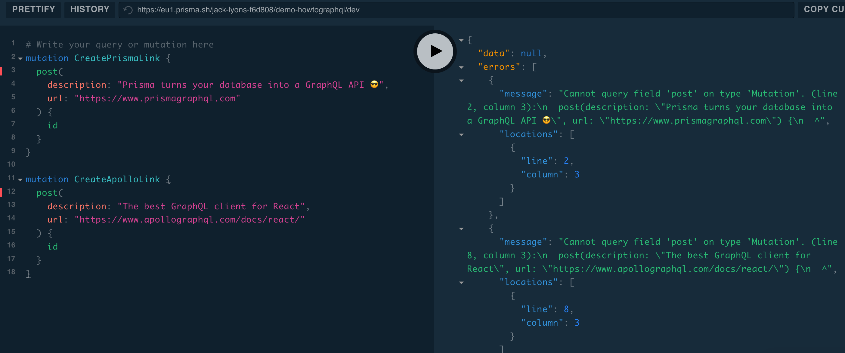Copied Mutations from tutorial do not work · Issue #1035 · howtographql/howtographql · GitHub
