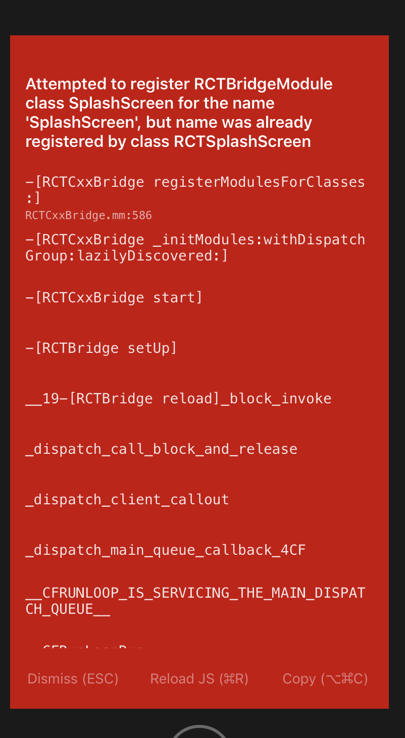 attempted to register RCTBridgeModule class SplashScreen for the name 'SplashScreen',but name ...