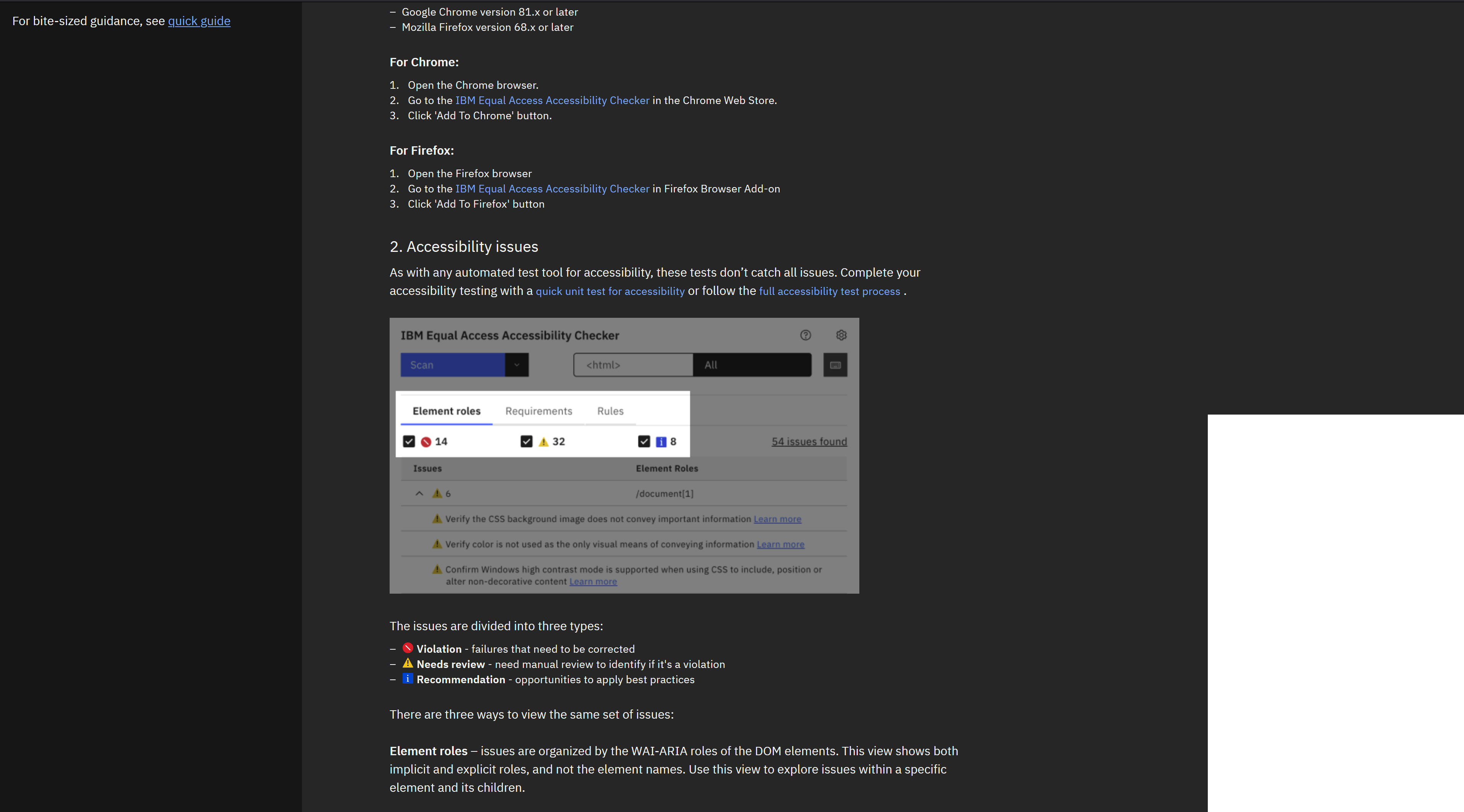 [BUG]: dark mode in User & Quick guide not supported below the fold · Issue #1542 · IBMa/equal ...