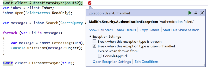 IMAP Authentication failed · Issue #1553 · jstedfast/MailKit · GitHub