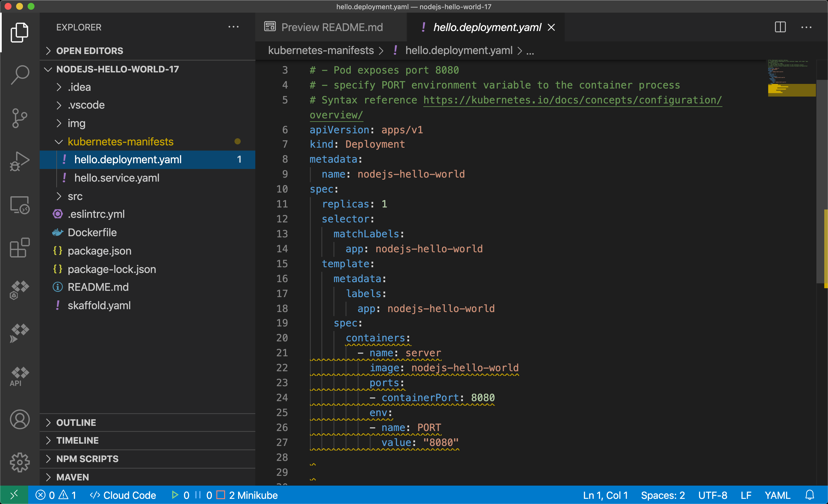 Validation error in VS Code in hello.deployment.yaml when creating ...
