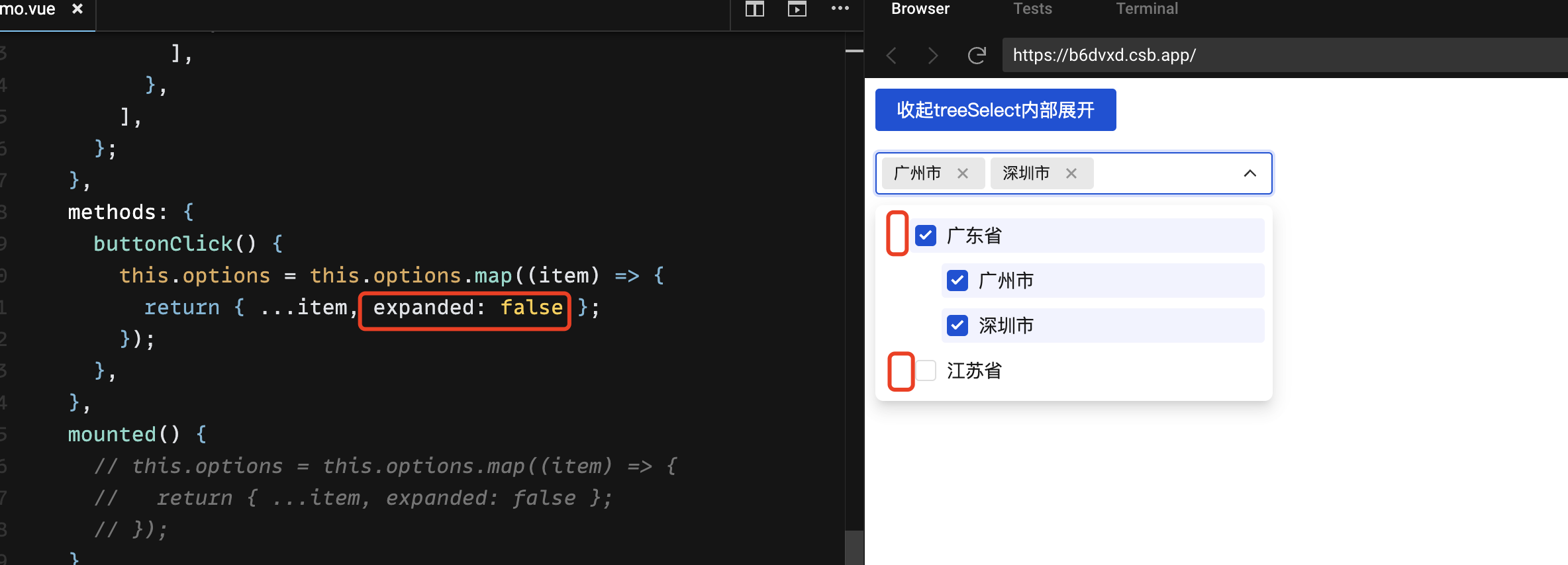 [TreeSelect] 鼠标点击树展开，修改数据中的expanded为false不能收起，左侧图标消失 · Issue #2115 · Tencent/tdesign-vue · GitHub