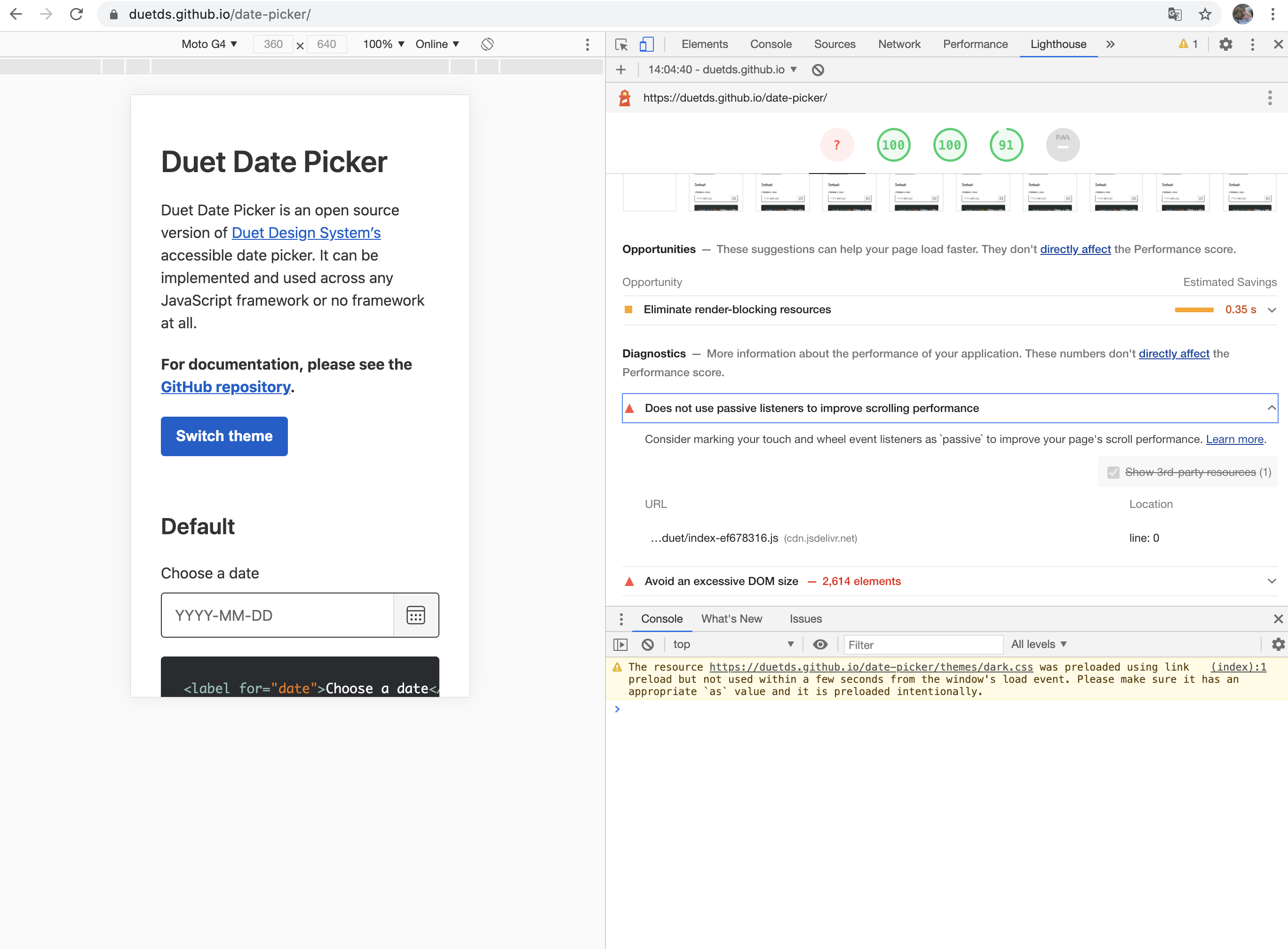Google lighthouse complains that the datepicker uses an eventlistener that is not passive ...