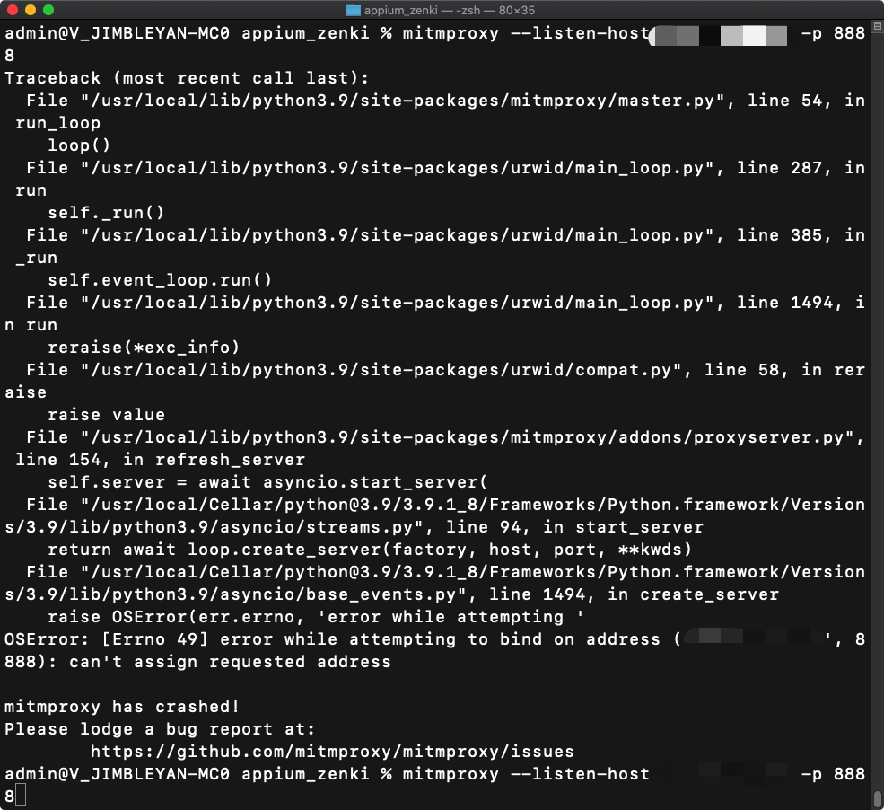 Mitmproxy crashes on startup when listen port is unavailable, should print a nicer error instead ...