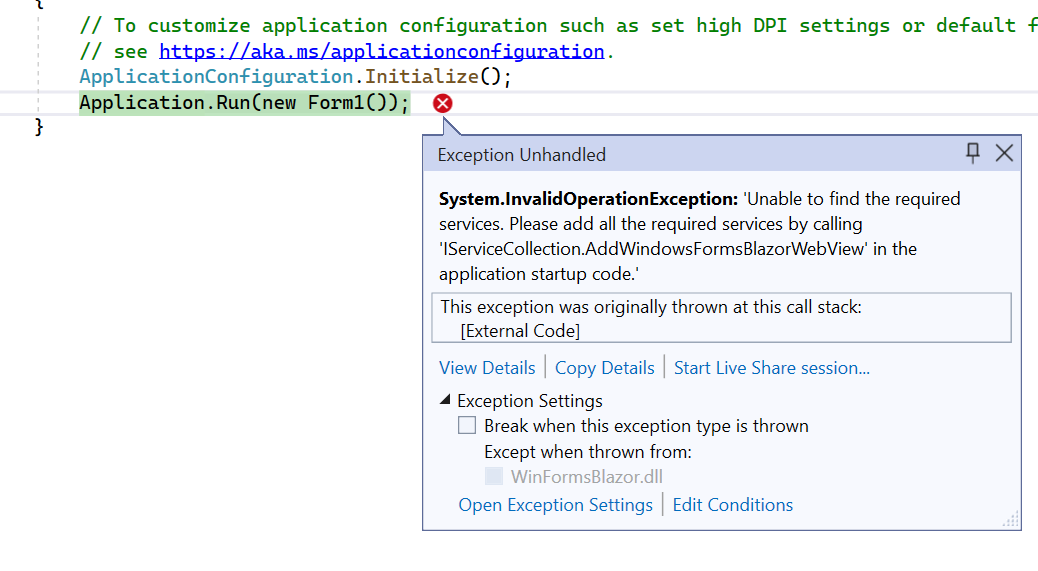 Blazor Hybrid WinForms sample code not working · Issue #25647 · dotnet/AspNetCore.Docs · GitHub