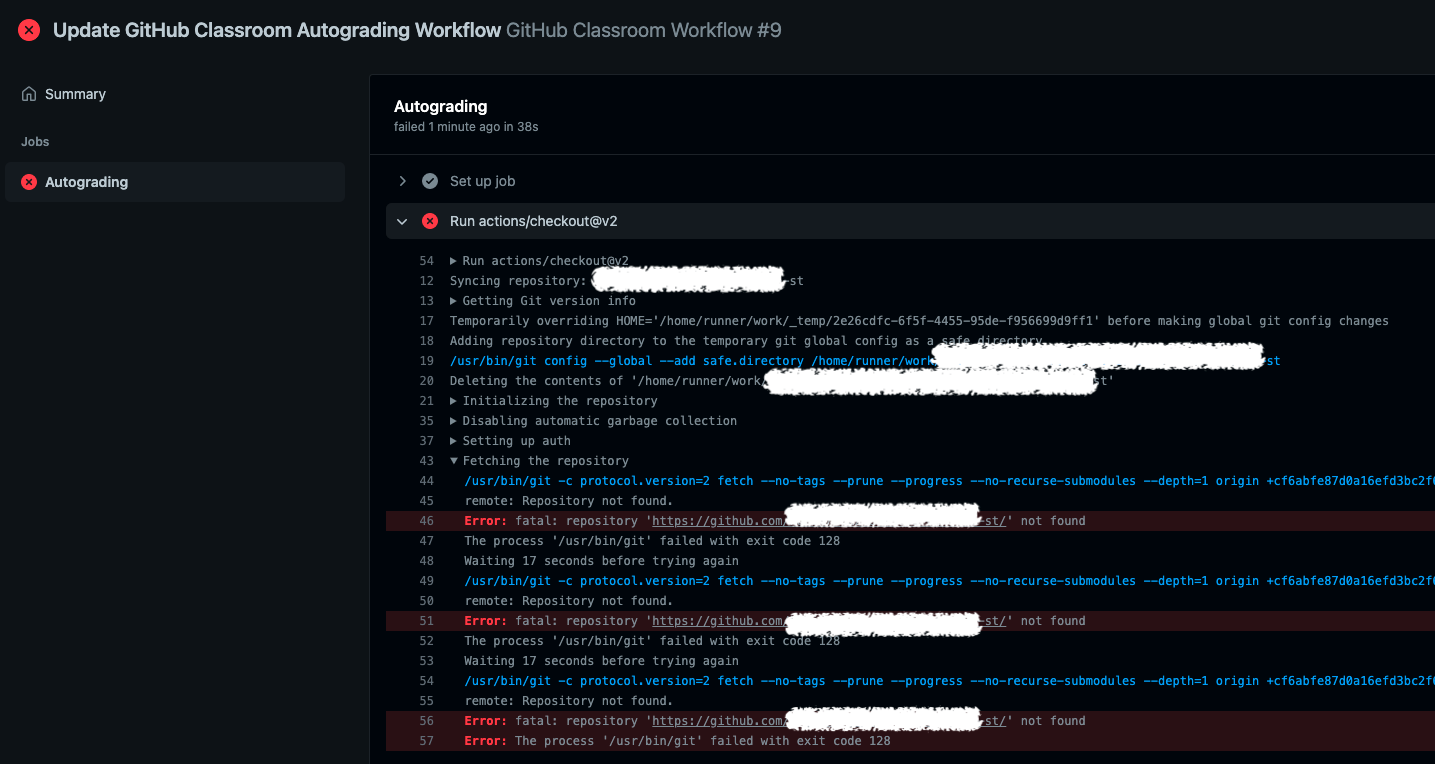 [classroom][actions] unable to fetch student's repo for auto-grading(actions) · community ...