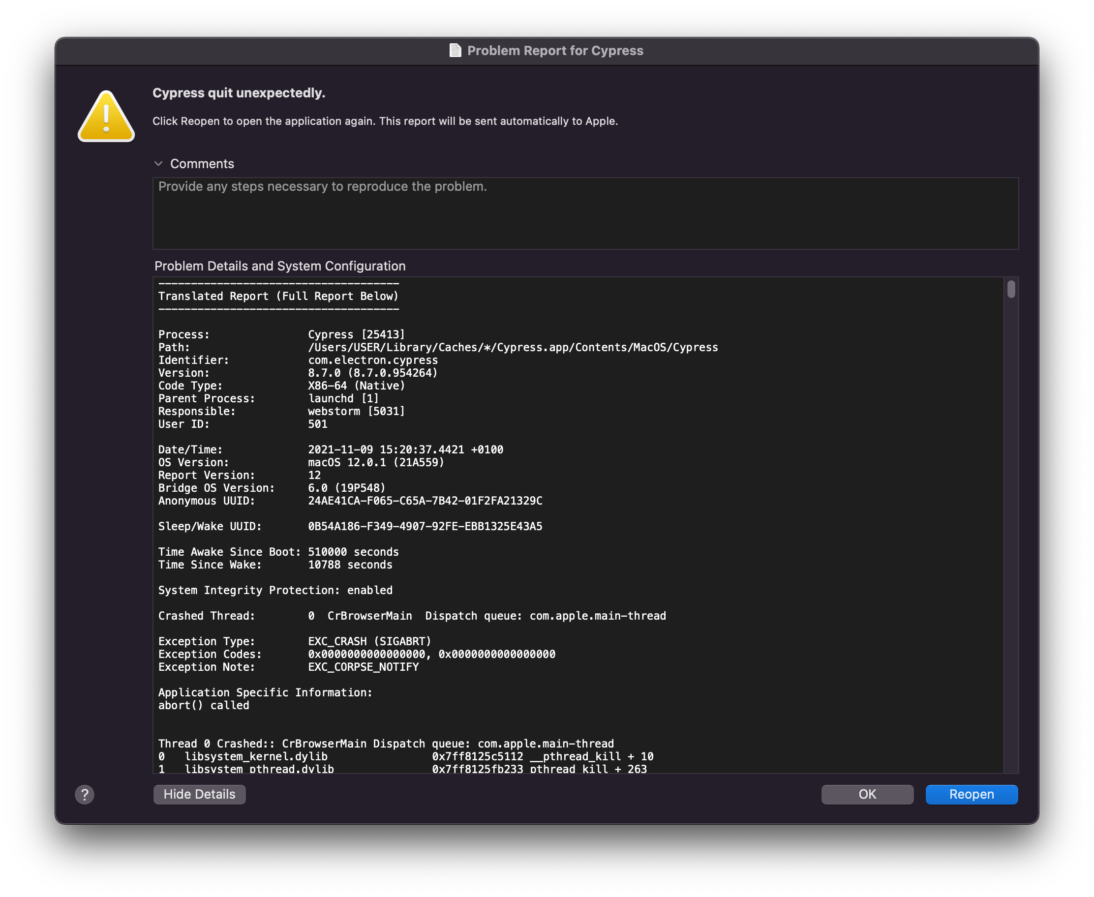 Cypress quits unexpectedly when stopped from WebStorm on macOS · Issue #18849 · cypress-io ...