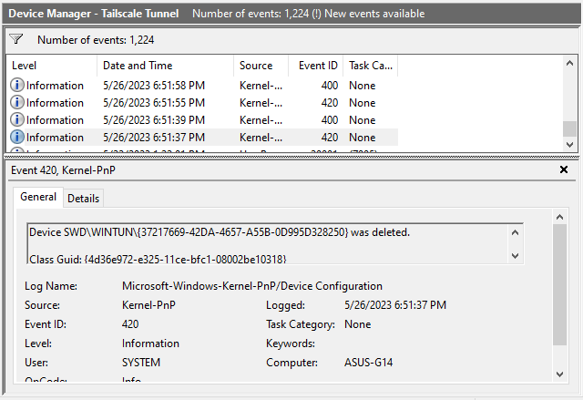 Windows shows no driver for Tailscale interface, `STATUS_PNP_NO_COMPAT ...