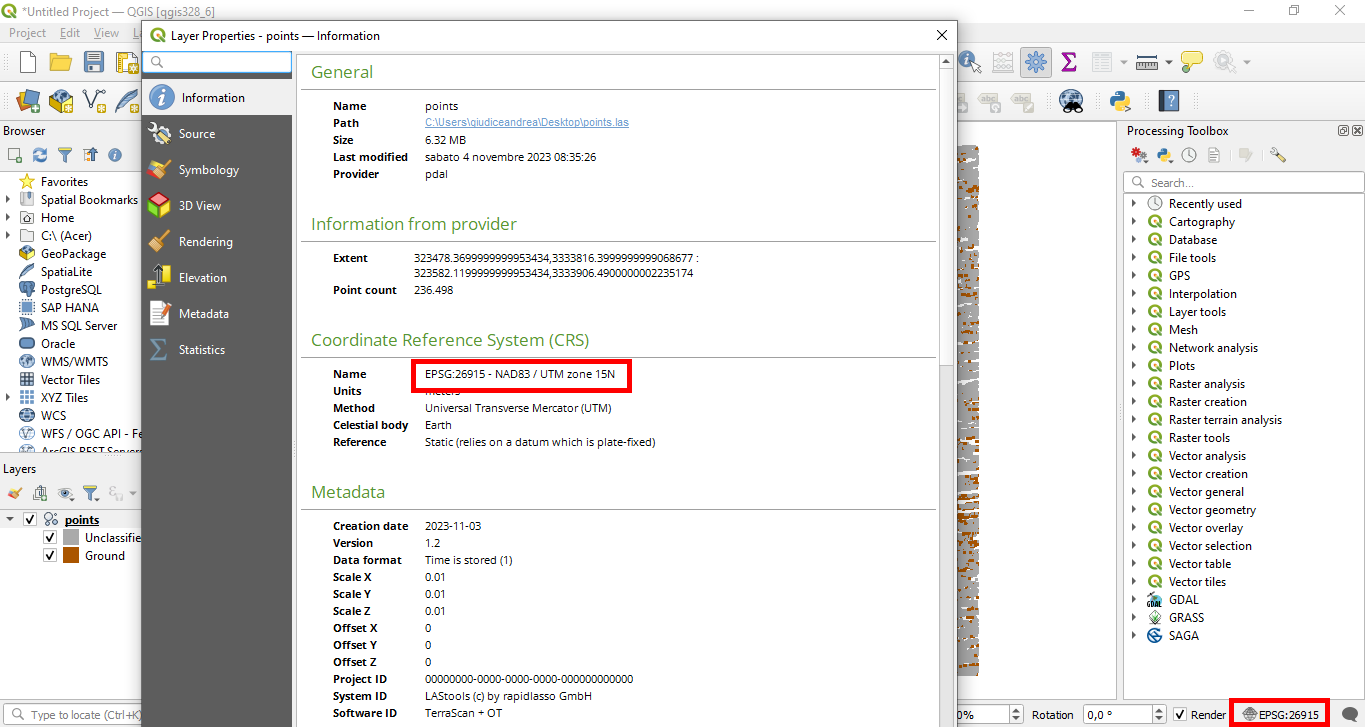 EPSG code of CRS (NAD83 / UTM zone 15N + VERT_CS) not recognised for .las Point Cloud layer ...