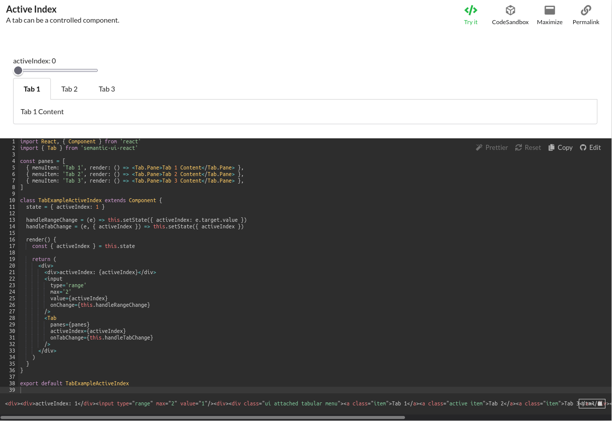 Tab Example Active Index - Function Component. · Issue #4289 · Semantic-Org/Semantic-UI-React ...