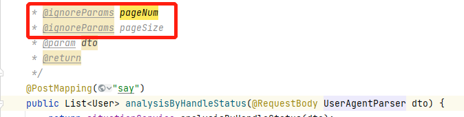 Can the `@ignoreParams` annotation be supported to ignore the display of parameters with ...