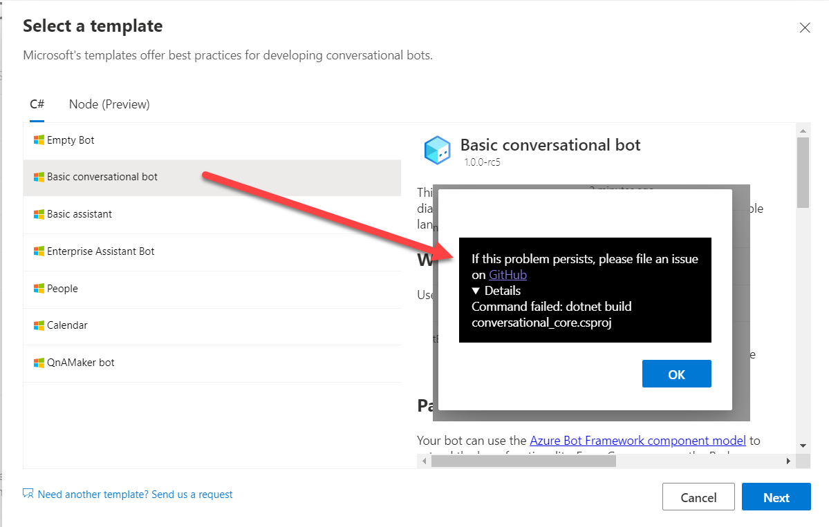 Unable to create project using Basic conversational bot template · Issue #7259 · microsoft ...