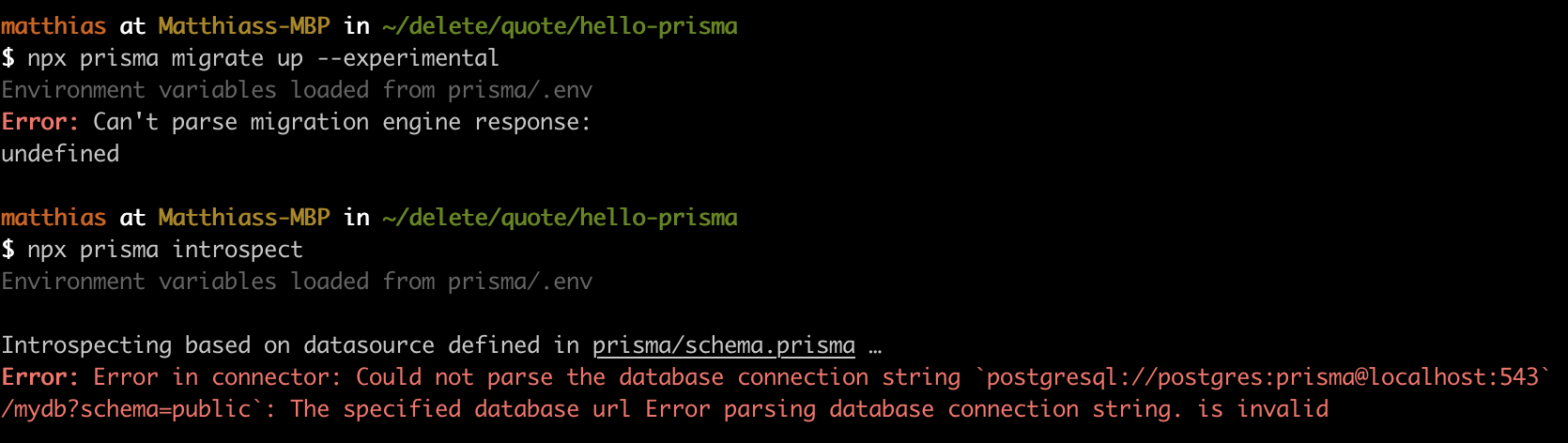 Invalid connection string not handled gracefully · Issue #528 · prisma/migrate · GitHub