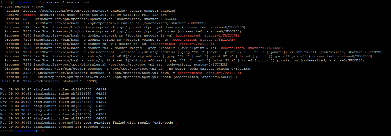 Tpot service fails and all docker containers exit after about 12 hours ...