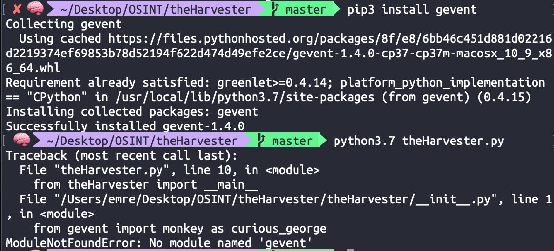 ModuleNotFoundError: No module named 'gevent' · Issue #351 · laramies/theHarvester · GitHub