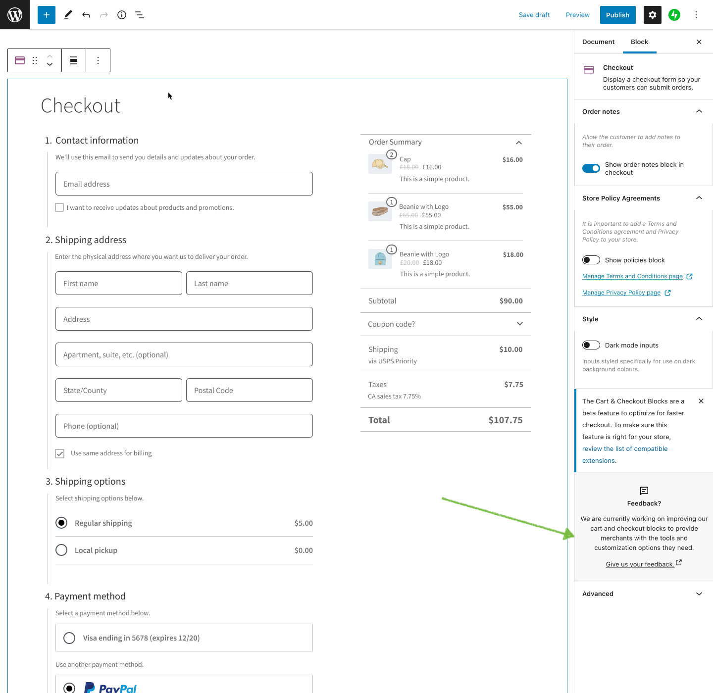 Editor: Update the Sidebar Feedback section for the Cart and Checkout ...