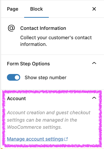 Checkout block: Improve the Contact Information account settings in the post editor sidebar ...