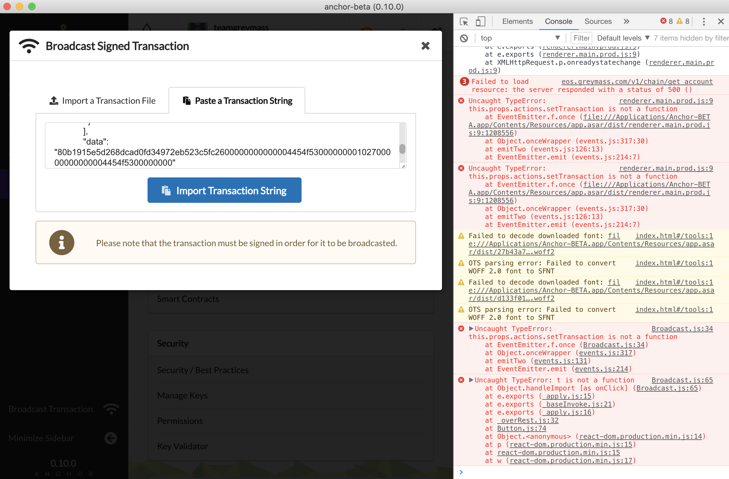 Getting error when trying to broadcast transaction · Issue #736 · greymass/anchor · GitHub