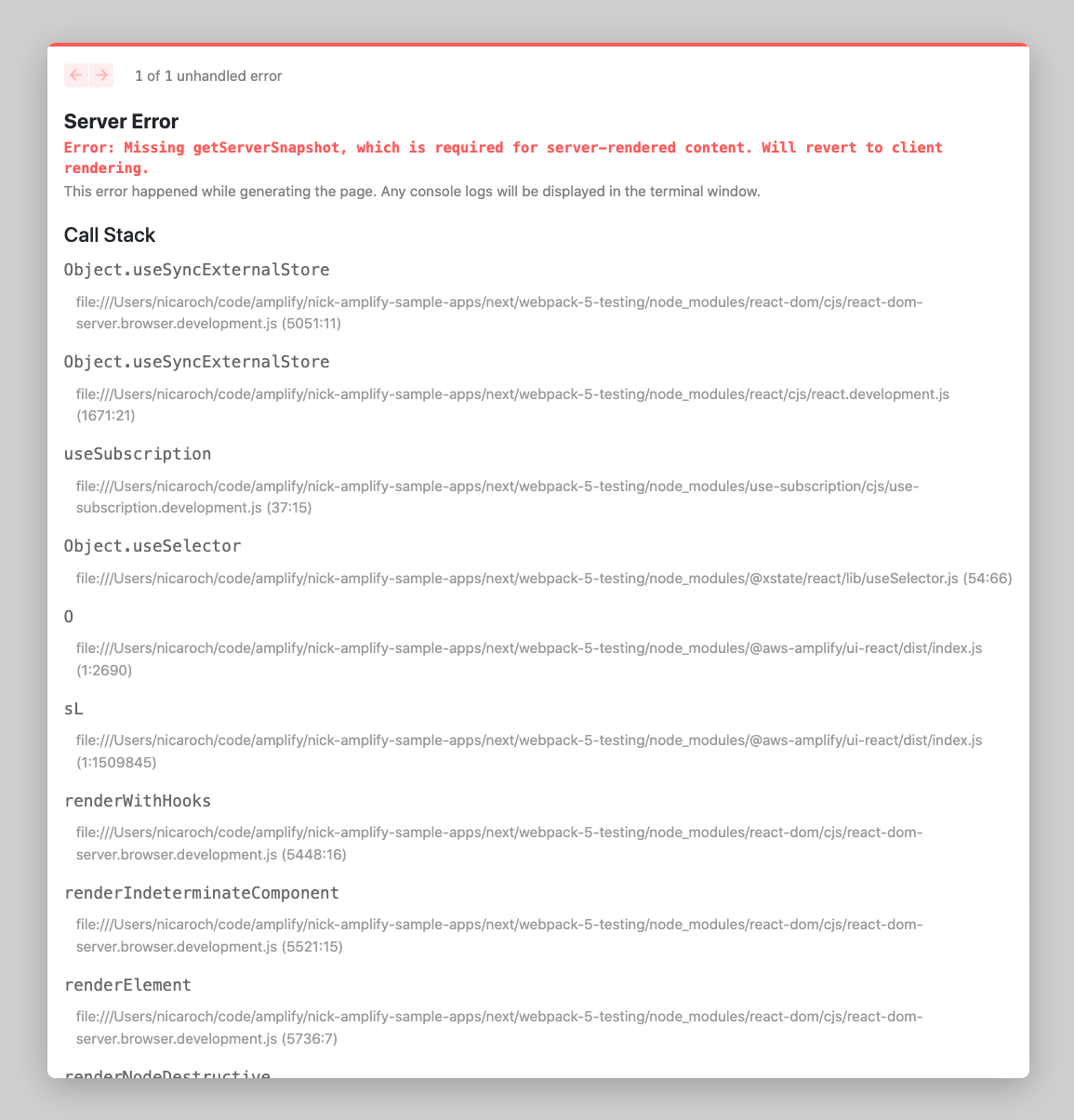 Nextjsauthenticator Error Missing Getserversnapshot Which Is Required For Server Rendered