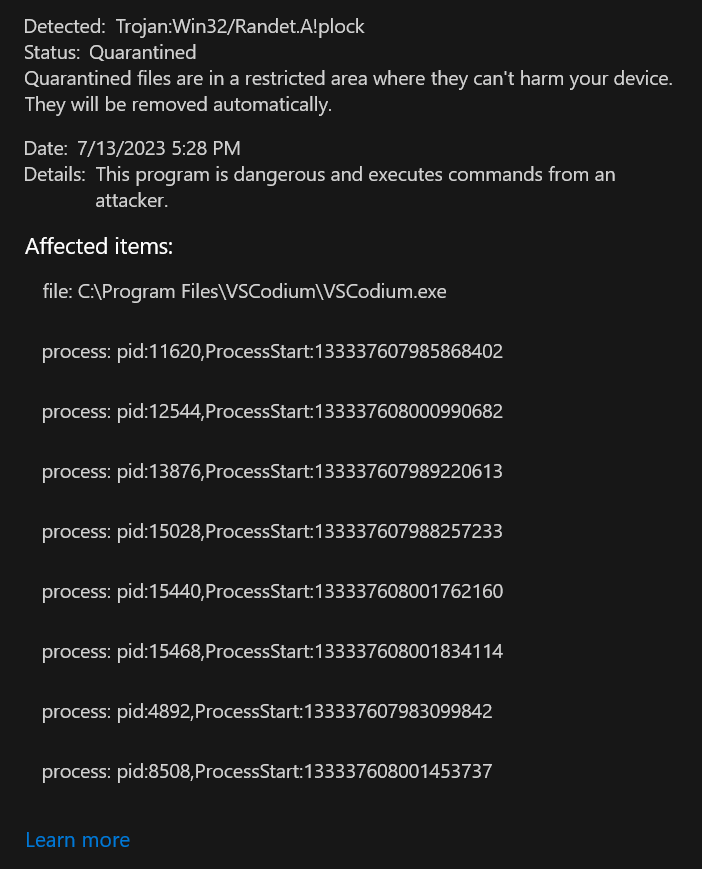 Windows Defender flagging vscodium.exe as Trojan:Win32/Randet.A!plock · Issue #1564 · VSCodium ...