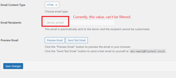 The email sections on the settings page and email recipients field ...