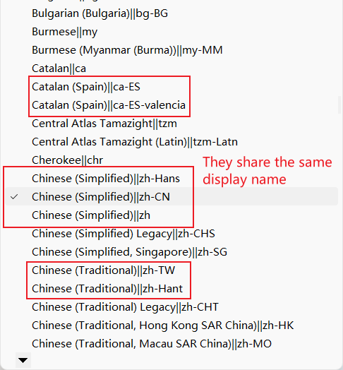 Text Language may have one same display name with different locale code ...