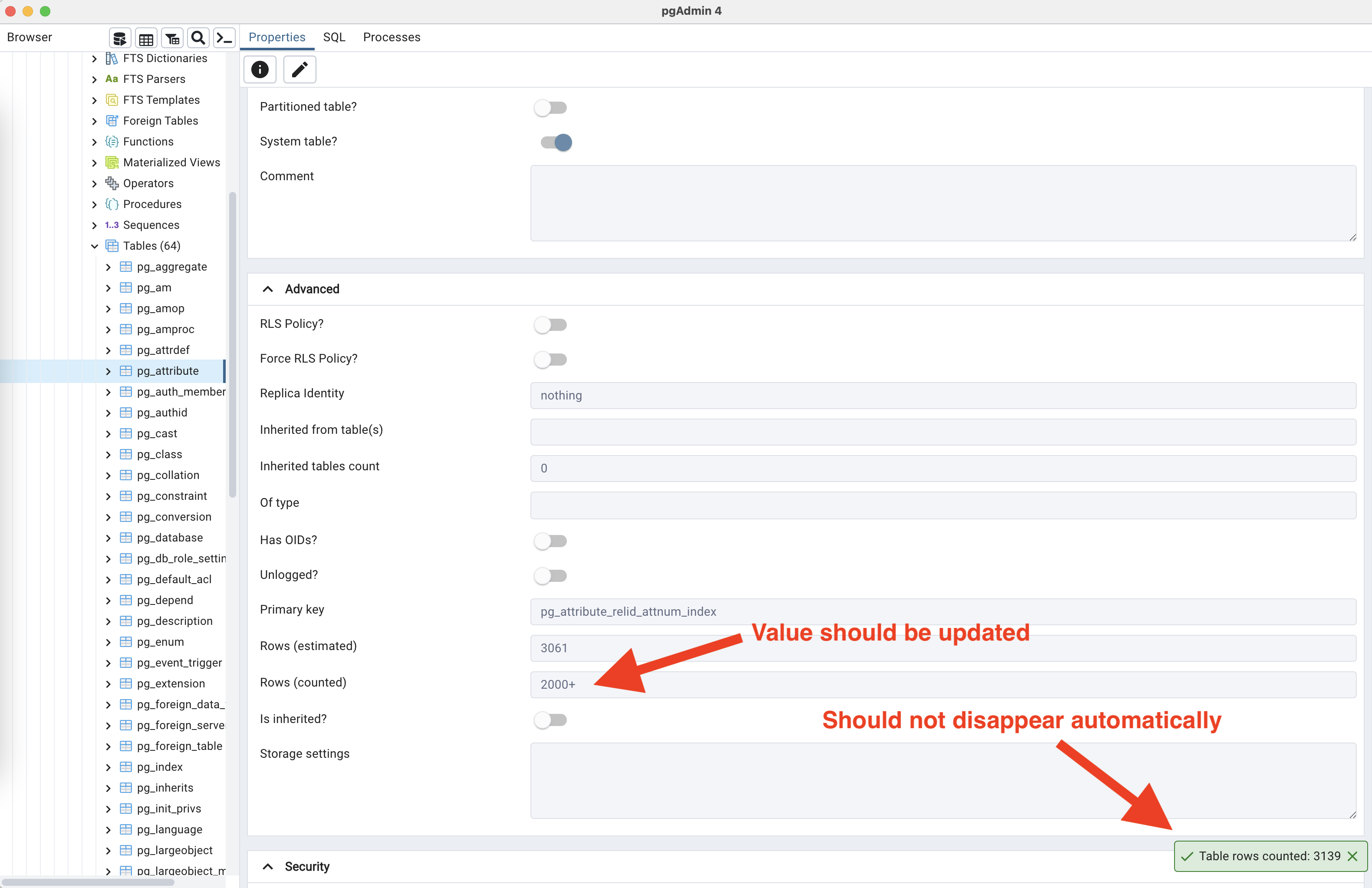 Row Count notification should not disappear automatically · Issue #5647 · pgadmin-org/pgadmin4 ...