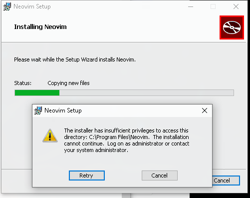 Windows: install has insufficient privileges after admin password ... Windows: install has insufficient privileges after admin password ...