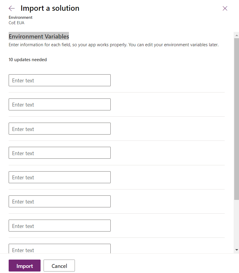 Importing a CoE solution, the Environment Variables screen don't show Environment Variables ...
