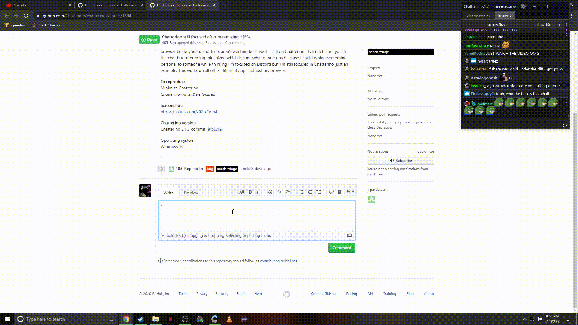 Chatterino still focused after minimizing · Issue #1694 · Chatterino/chatterino2 · GitHub