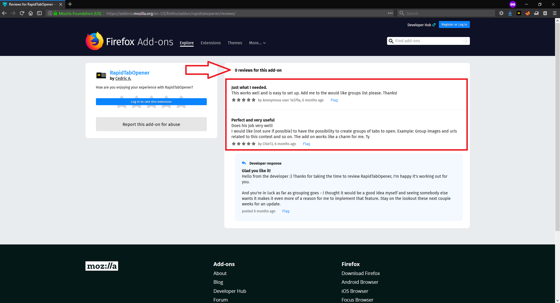 "No reviews yet" despite two reviews listed under /addon/{addon_name}/reviews · Issue #636 ...