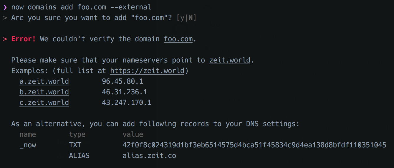 now domain add --external unfriendly looking error · Issue #1429 · vercel/vercel · GitHub