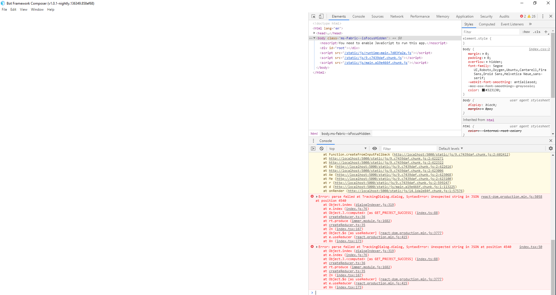 Composer gets stuck at the blank screen when opening up my existing Bot · Issue #3349 ...