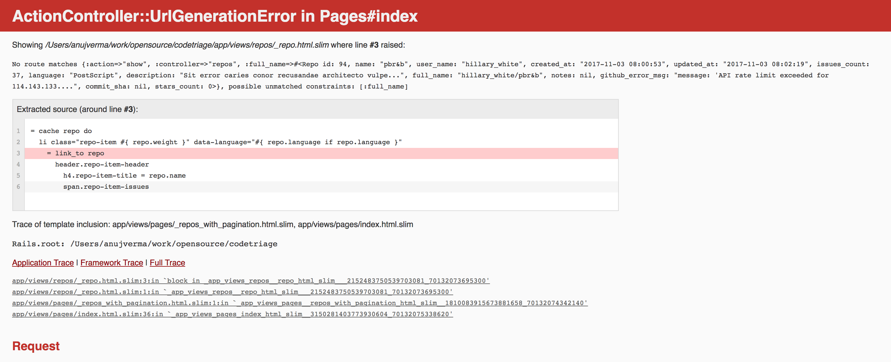 ActionController::UrlGenerationError - Due to incorrect repo name generation in seed file ...