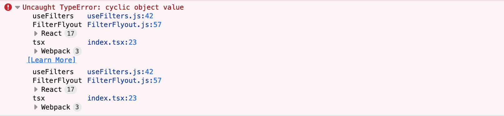 [Datagrid] Stringify "cyclic object value" error in useFilters hook when using a Node as ...