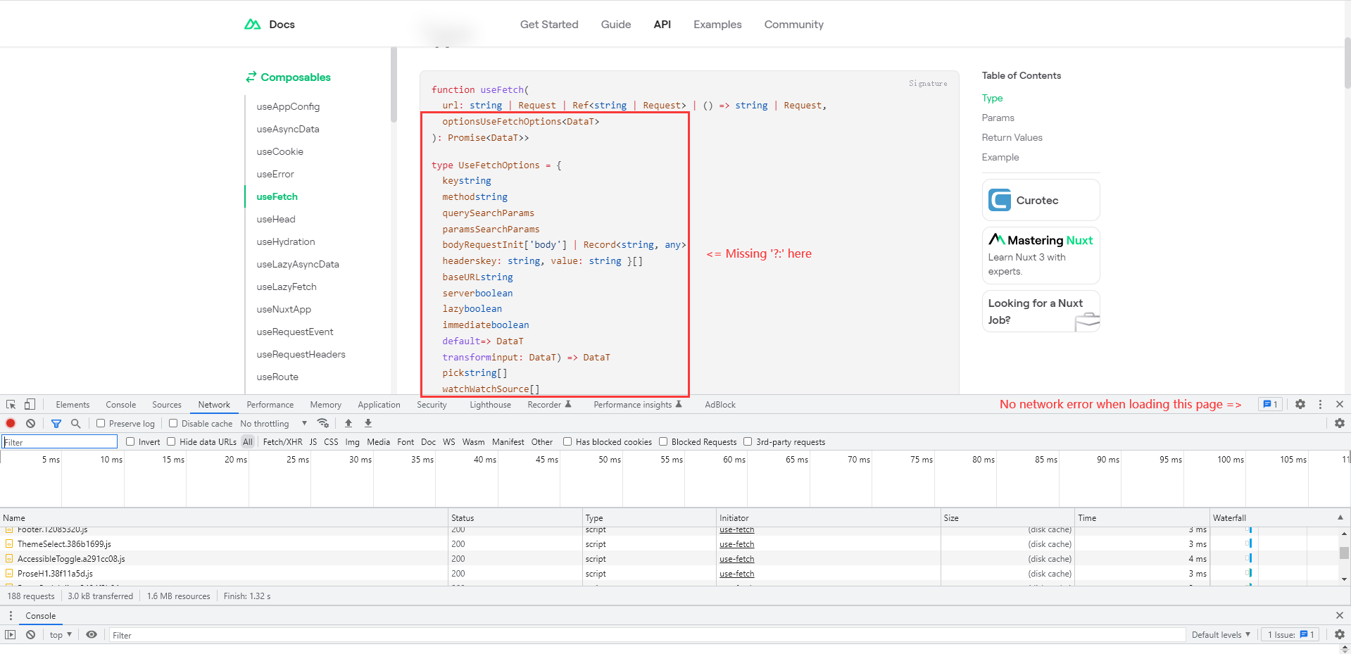 Missing '?:' symbols in code snippets in useFetch's document · Issue #15787 · nuxt/nuxt · GitHub