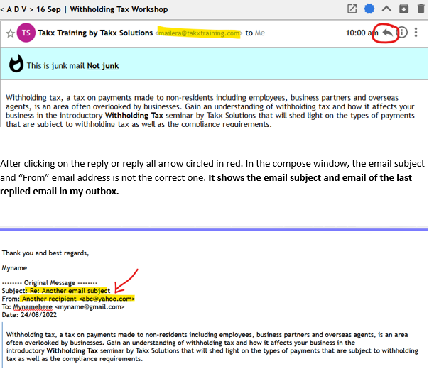 Email address & subject incorrect in compose window after clicking on reply all/reply arrow ...