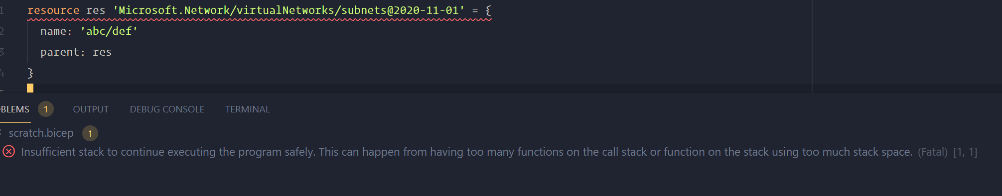 Stack overflow when setting the parent of a resource to itself · Issue #4382 · Azure/bicep · GitHub
